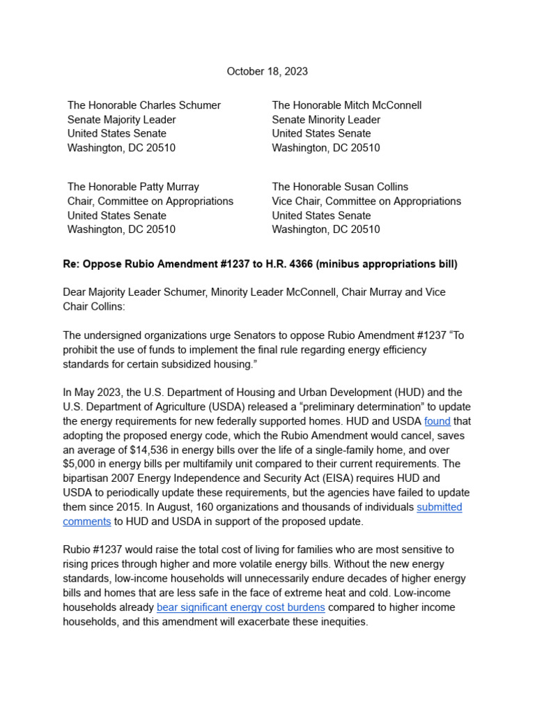 Letter Opposing Sen. Marco Rubio's Amendment 1237 To H.R. 4366 | PDF | Cost Of Living | United ...