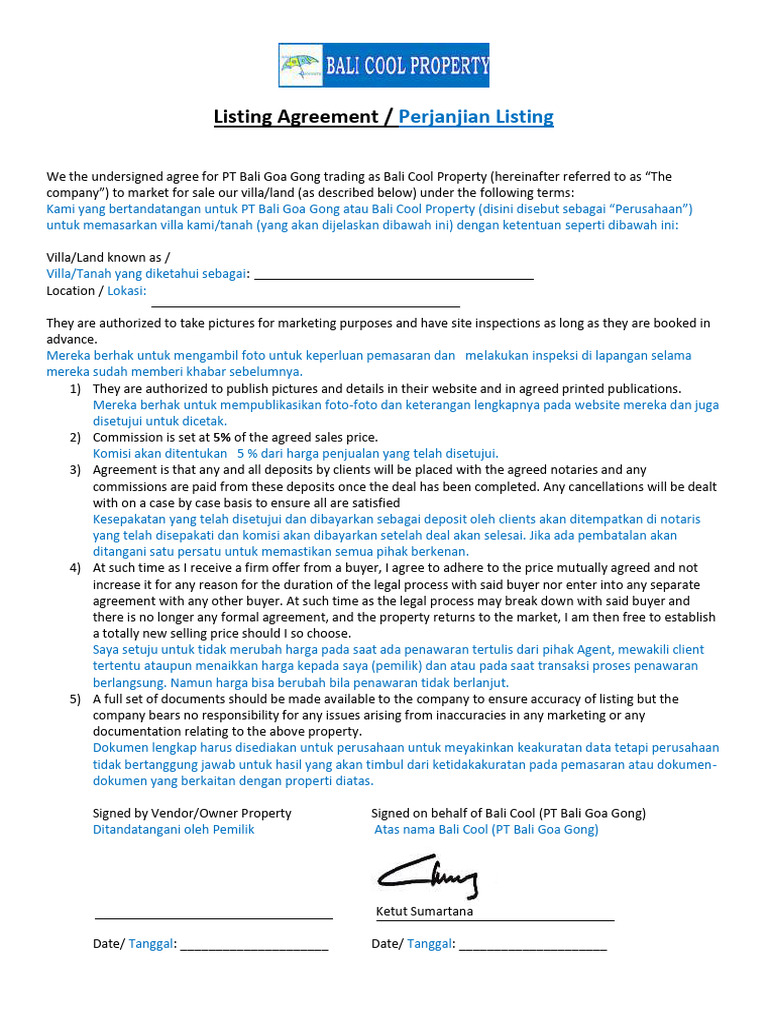Listing Agreement Ing-Ind | PDF