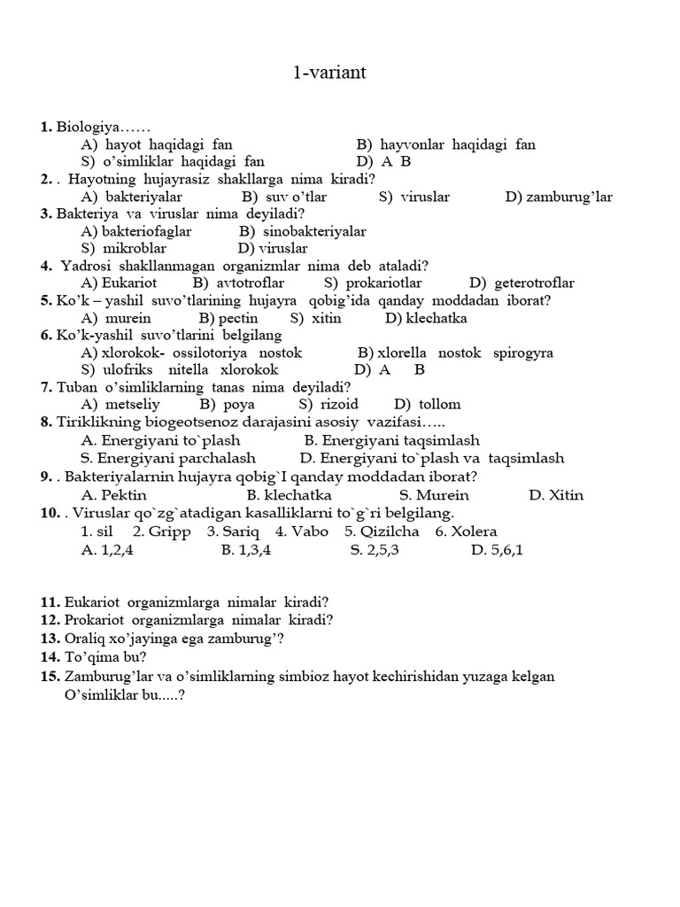 9 Sinf 1 Nazorat | PDF