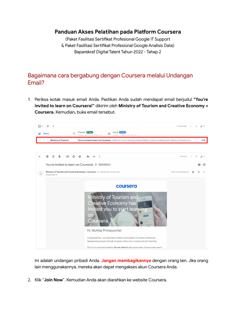 Bagaimana Cara Bergabung Dengan Coursera Melalui Undangan Email? | PDF