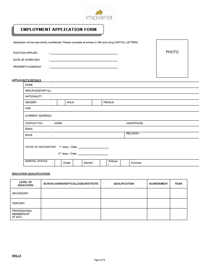 Impiana Employment Application Form 2021 For Applicants-1 | PDF ...
