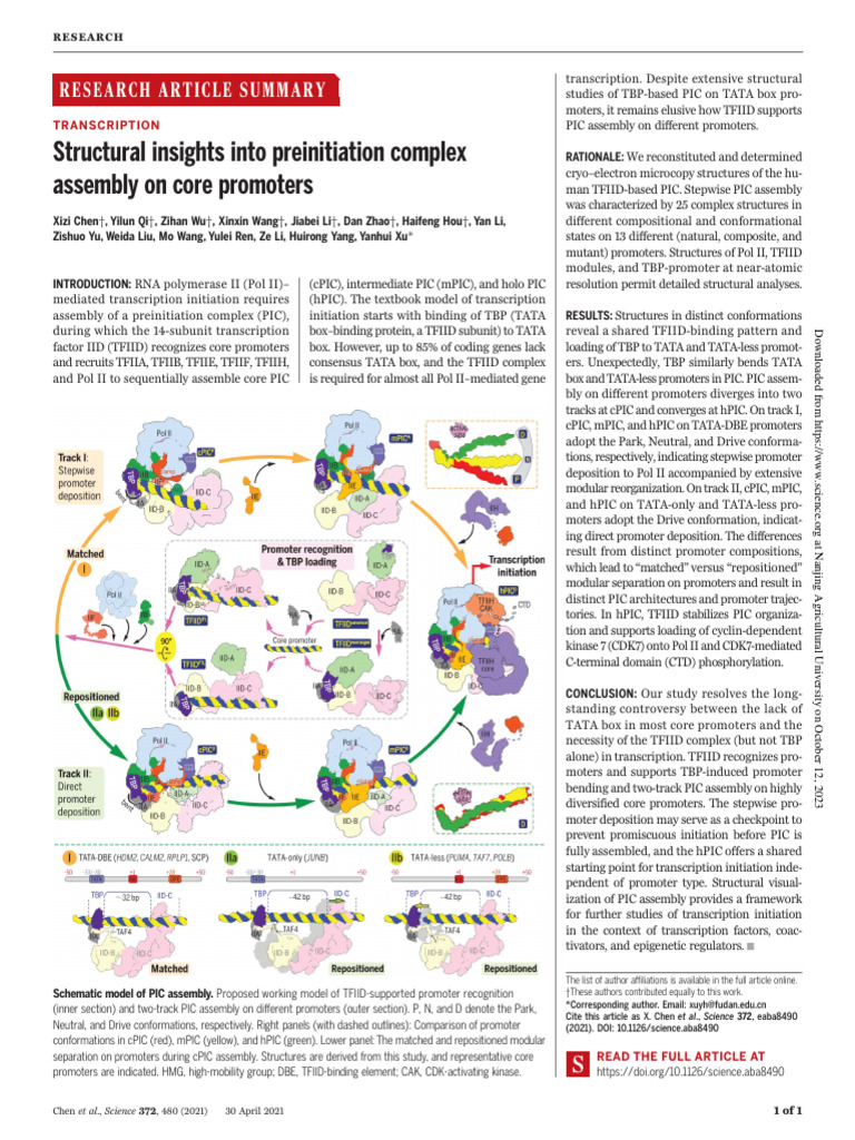 Structural Insights Into Preinitiation Complex Assembly On Core Promoters | PDF | Promoter ...