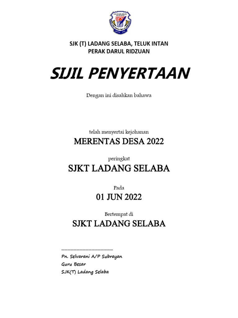 Sijil Penyertaan: SJKT Ladang Selaba | PDF