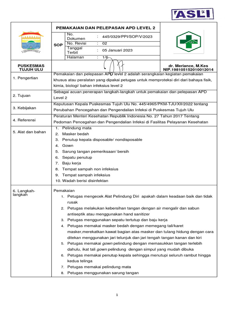 2.k SOP PEMAKAIAN DAN PELEPASAN APD LEVEL 2 FIX) Rev 1 | PDF
