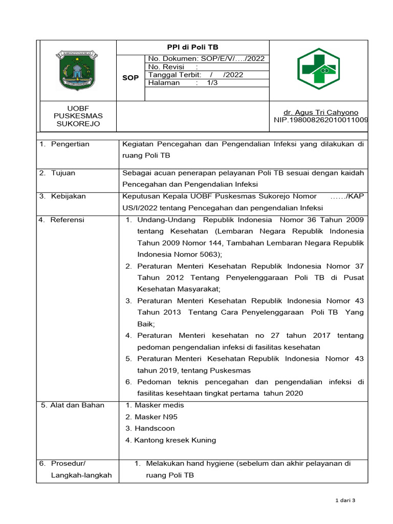 SOP PPI Poli TB di Puskesmas Sukorejo | PDF | Sains & Matematika
