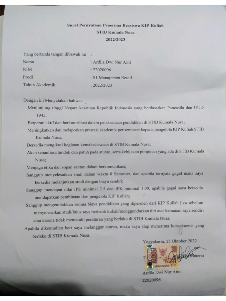Ardila Dwi Nur Aini, Surat Pernyataan KIP Kuliah | PDF
