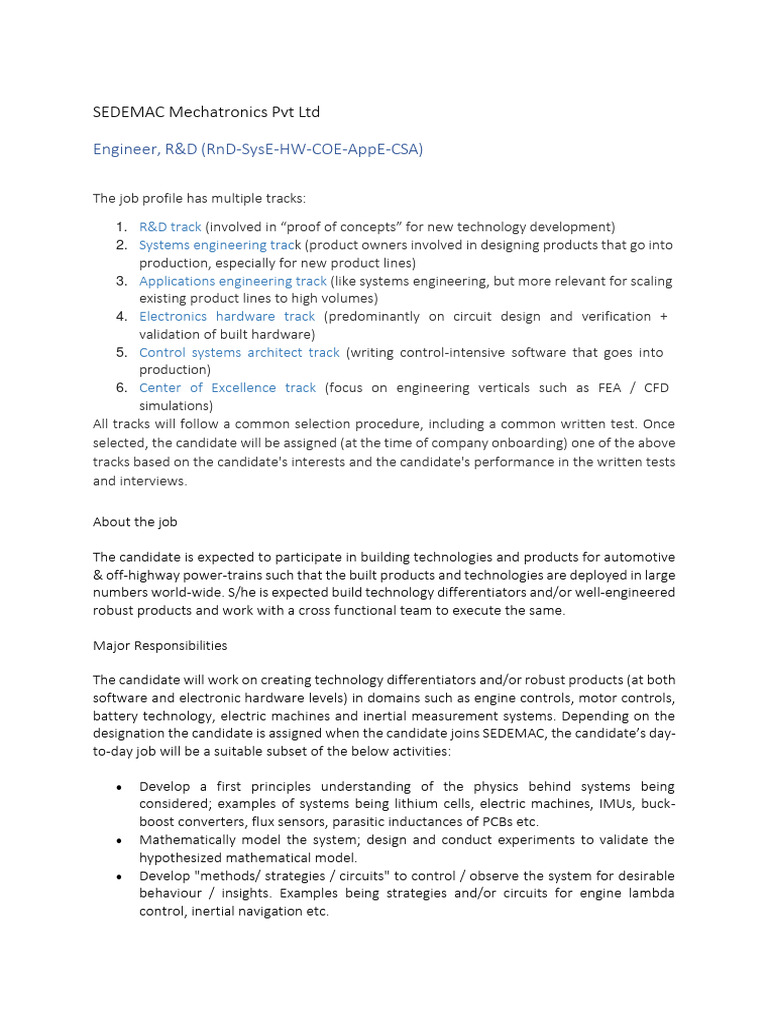 Sedemac - JD - Engineer, R&D | PDF