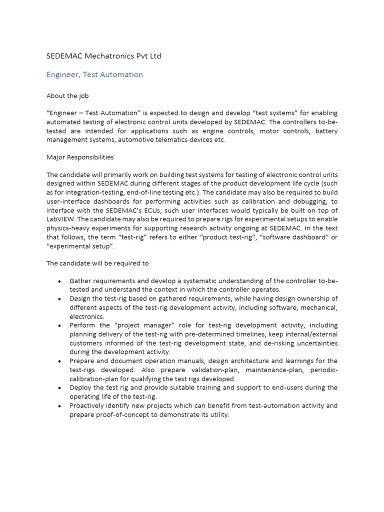 SEDEMAC Test Automation Engineer Role | PDF