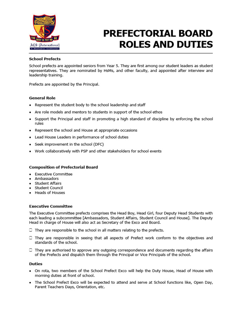 Prefectorial Board Roles Duties | PDF