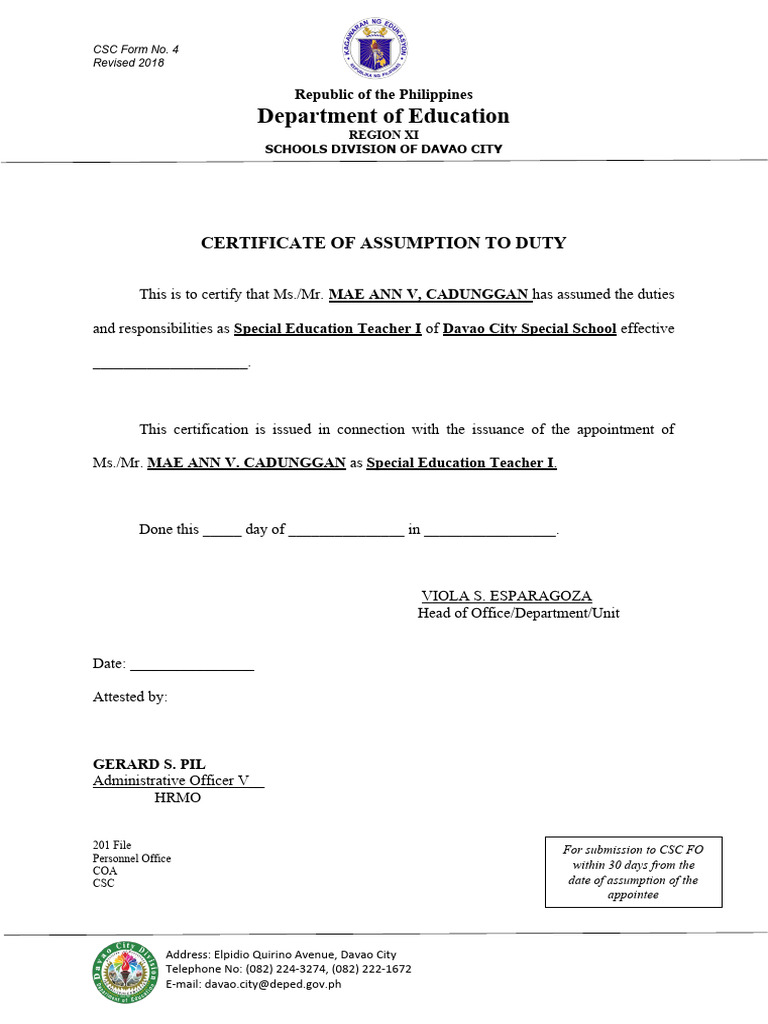 CS Form No. 4 Certificate of Assumption To Duty | PDF