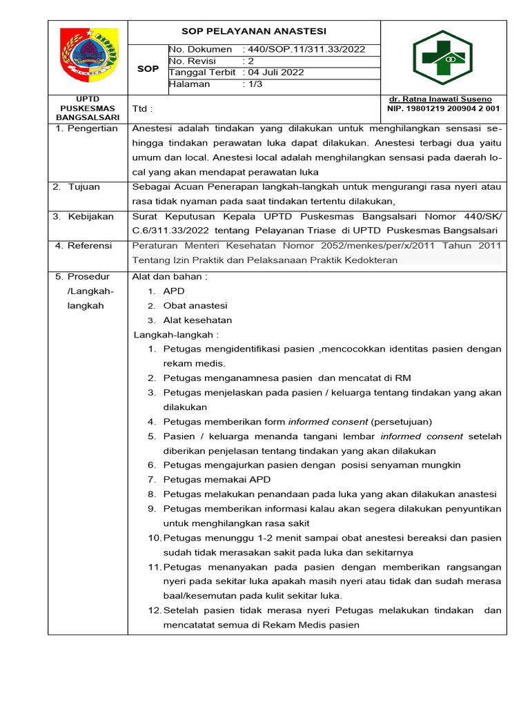 SOP PELAYANAN ANASTESI (2) | PDF