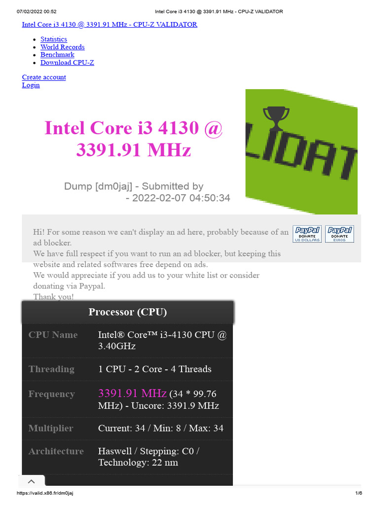 Intel Core I3 4130 at 3391.91 MHZ - CPU-Z VALIDATOR | PDF | Computer Architecture | Computer ...