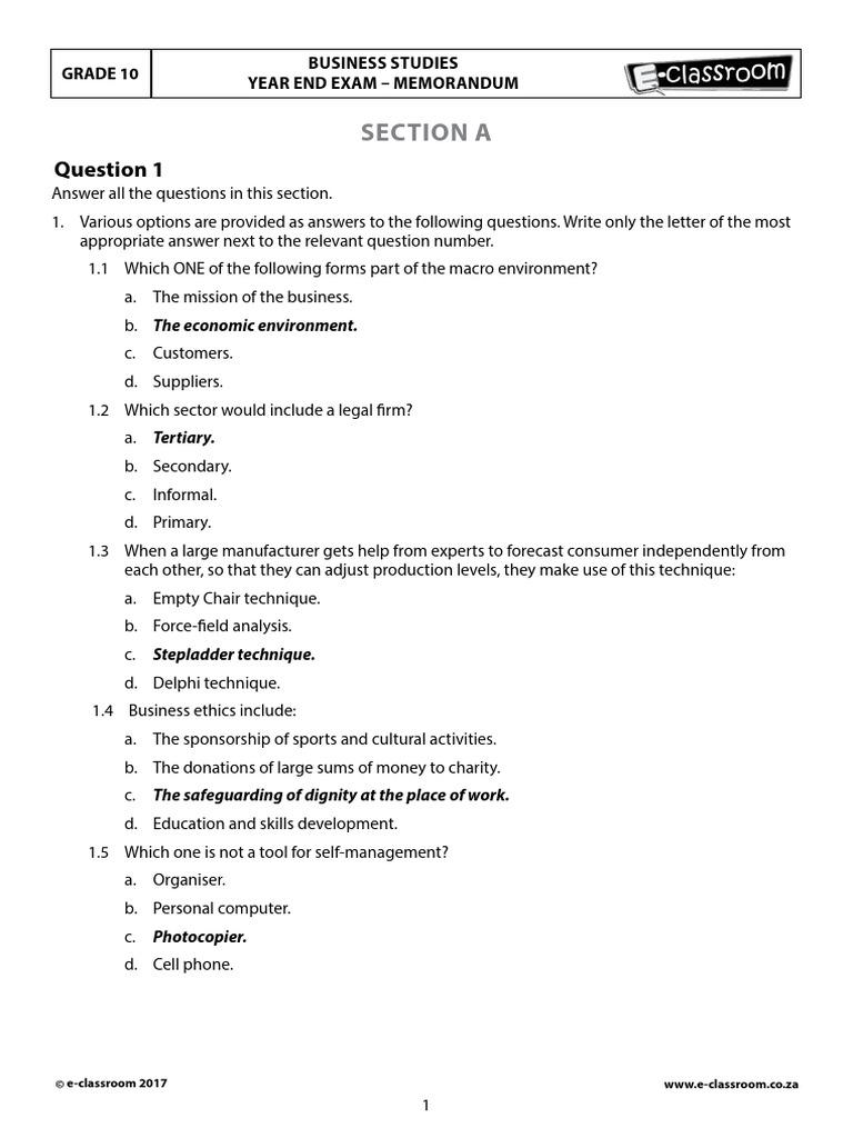 gr10 Bs Business Studies Year End Exam Memo | PDF gr10 Bs Business Studies Year End Exam Memo | PDF