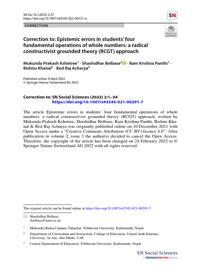Correction To: Epistemic Errors in Students' Four Fundamental ...