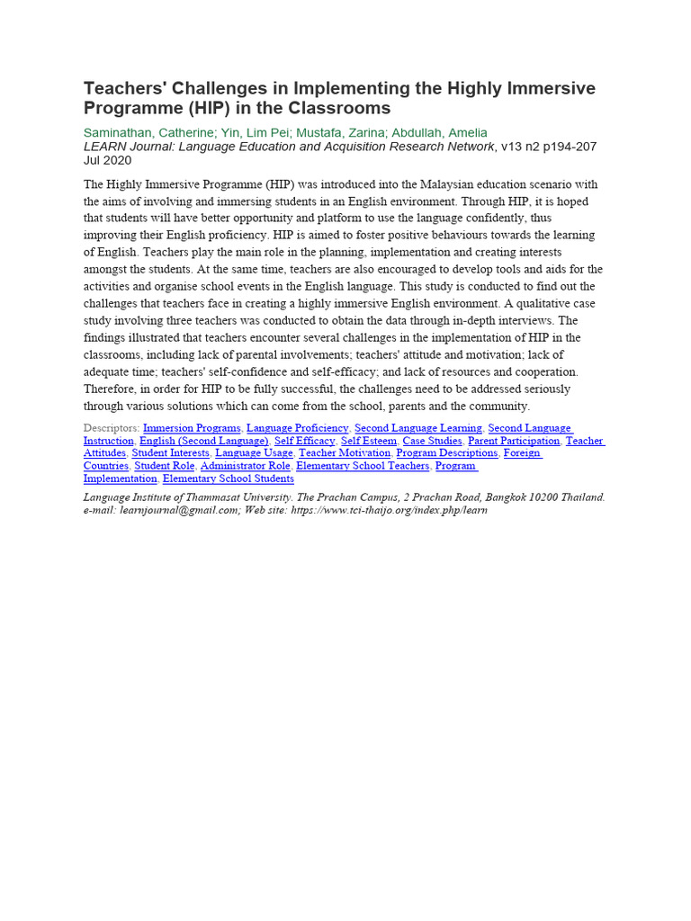 Teachers' Challenges in Implementing The Highly Immersive Programme ...