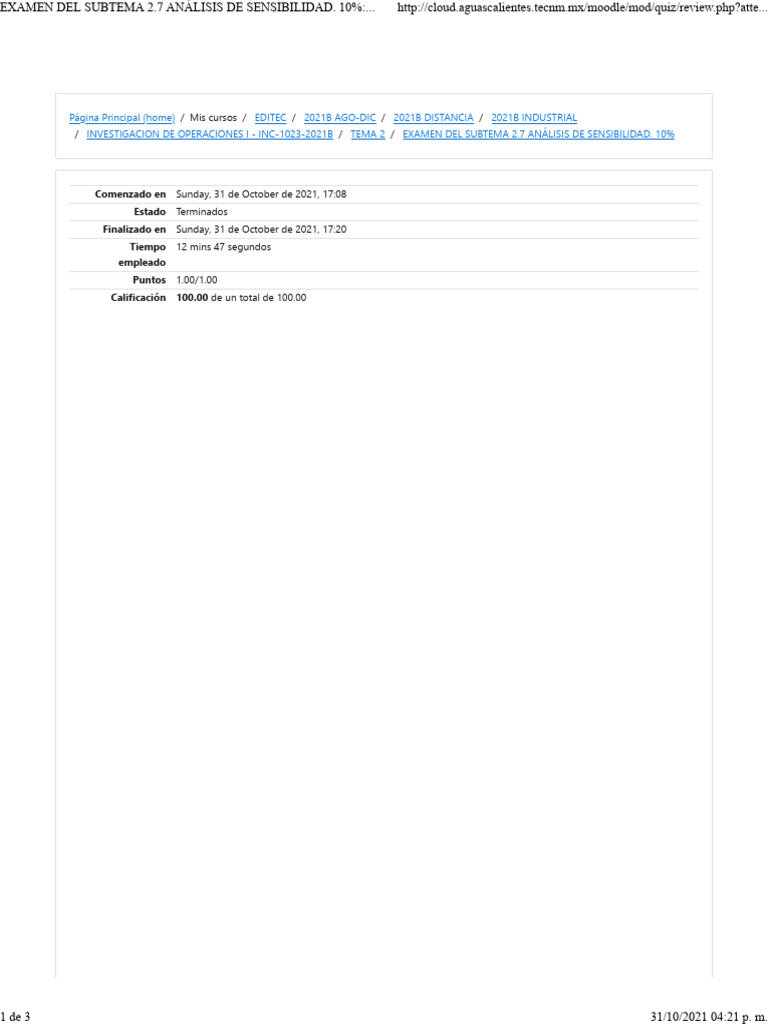 Examen Del Subtema 2.7 an Lisis de Sensibilidad. 10 Revisi n Del Intento 2.PDF | PDF
