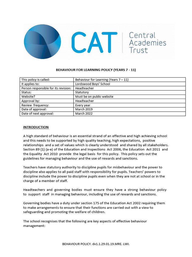 Behaviourpolicy | PDF | Teachers | Policy