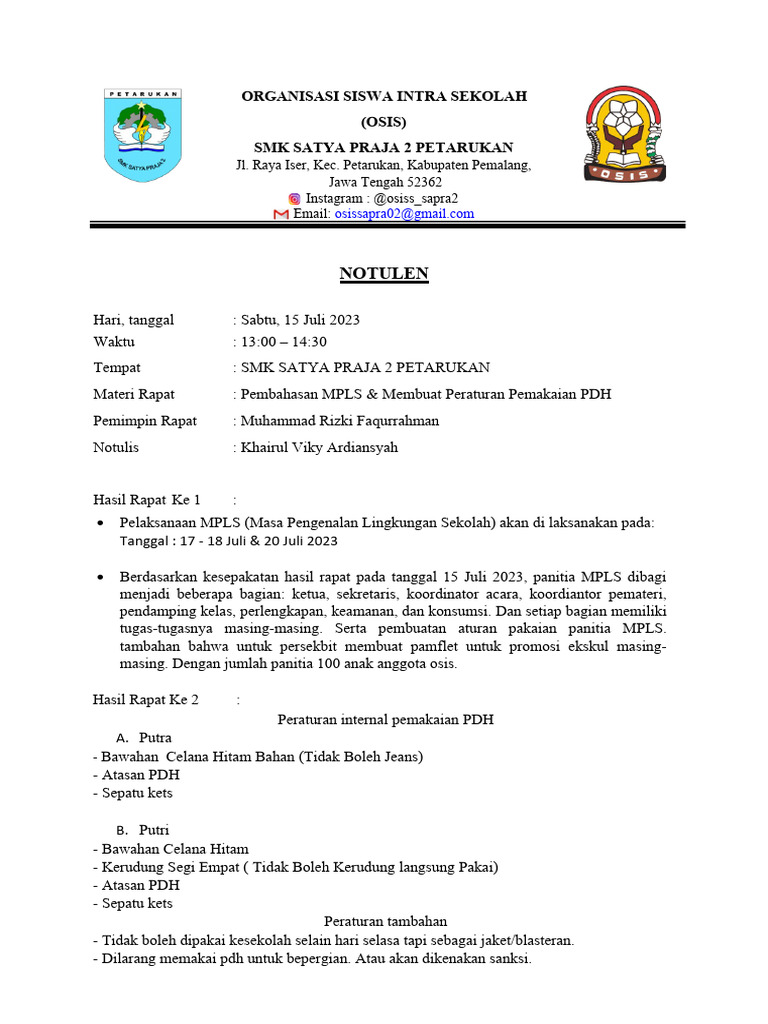 Notulen Rapat OSIS SMK Satya Praja 2 | PDF