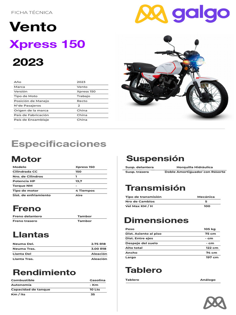 Ficha T Cnica Vento Xpress 150 Galgo | PDF