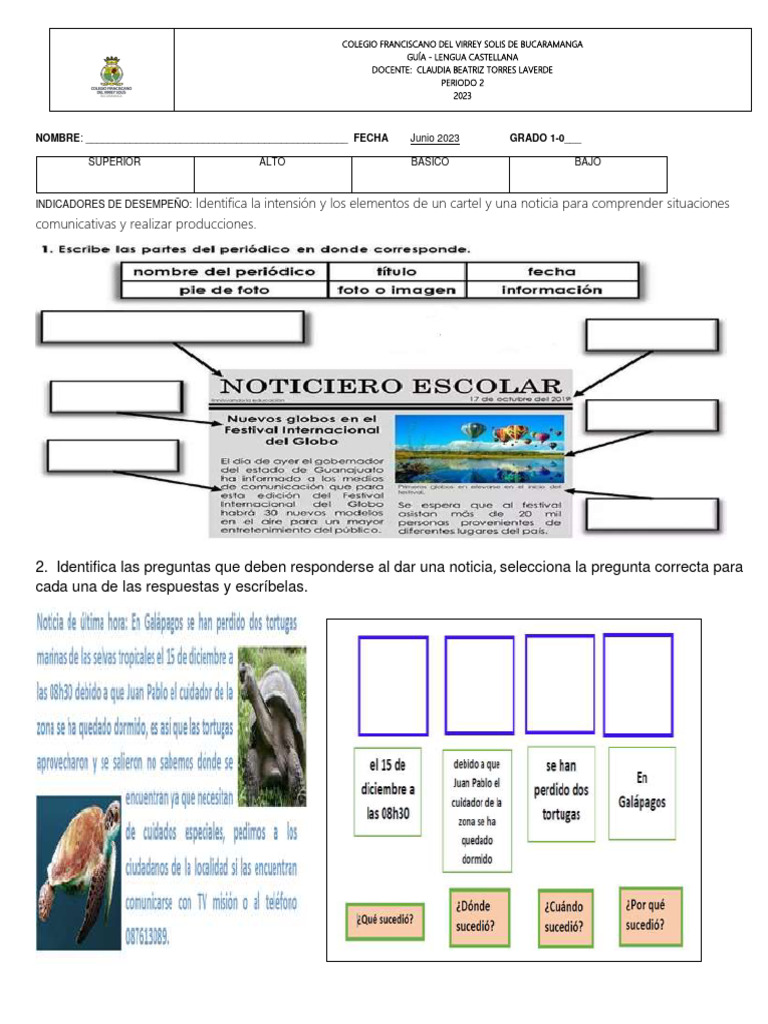 Primero - Guía Actividad en Clase Noticia | PDF
