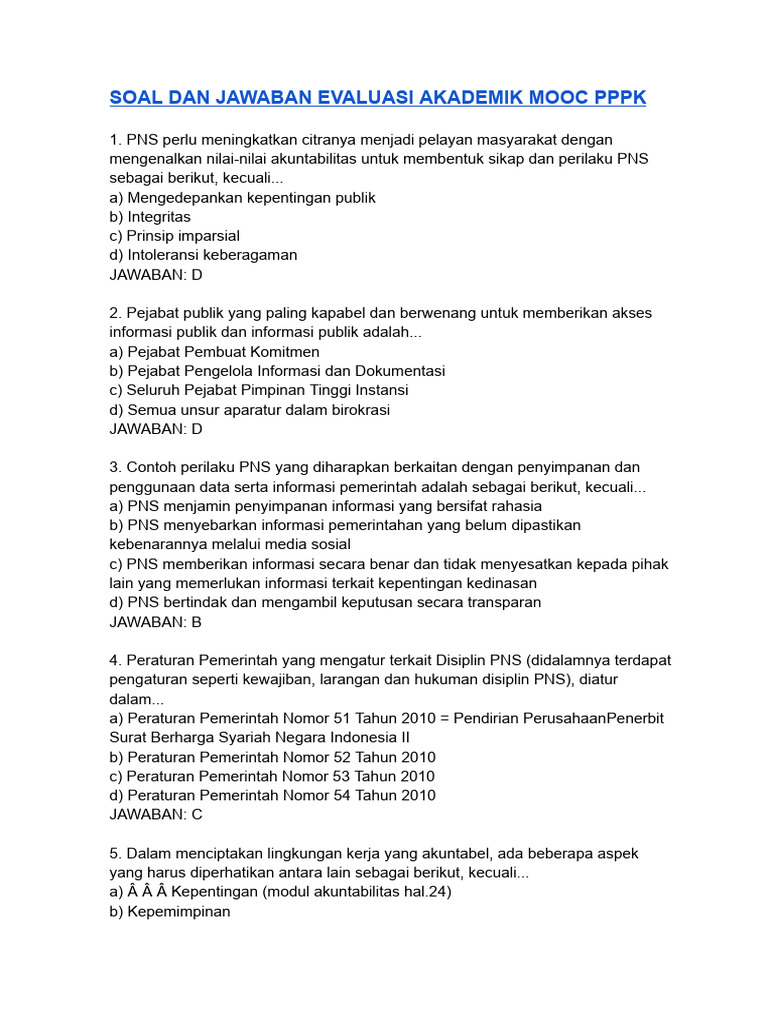 Soal Dan Jawaban Evaluasi Akademik Mooc PPPK | PDF | Politik