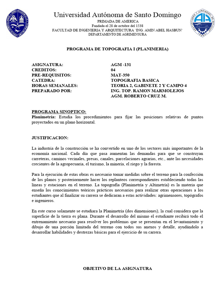 Programa de Topografia I (Planimeria) Agm-131 | PDF | Ciencia y ...