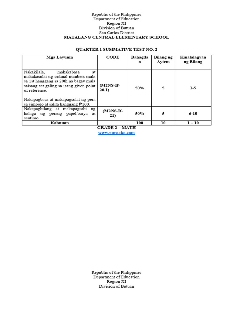 Q1 ST 2 GR.2 Math With Tos | PDF