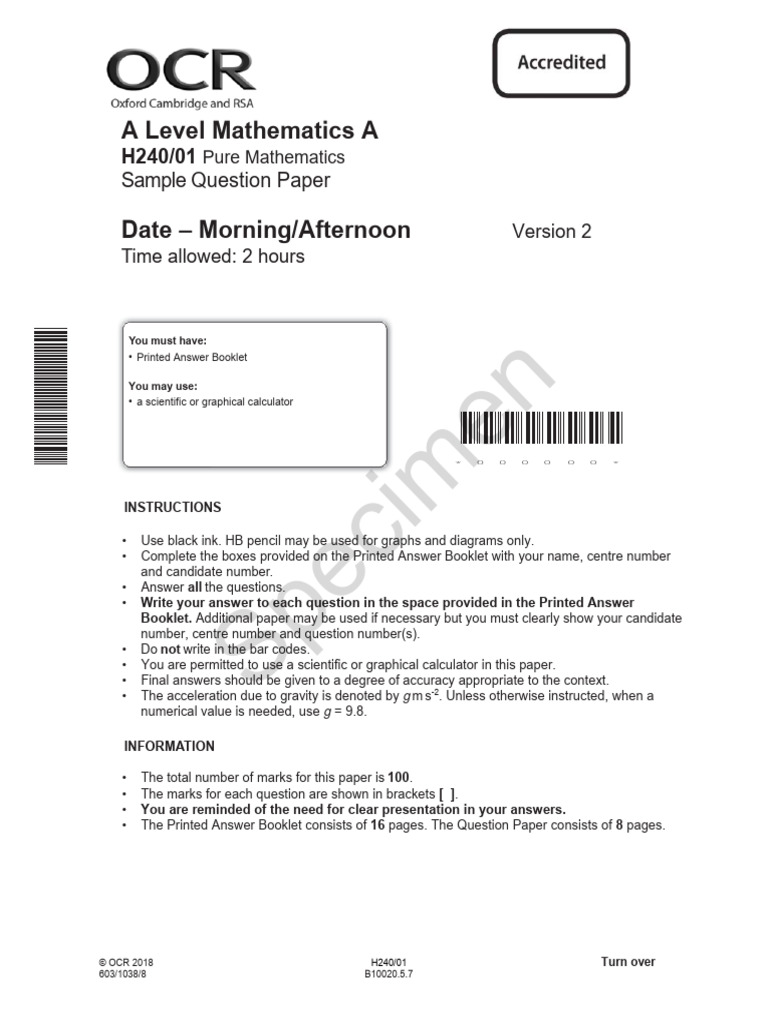 Unit h240 01 Pure Mathematics Sample Assessment Material | PDF