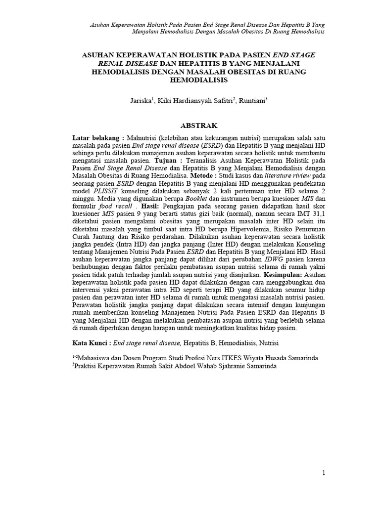 Asuhan Keperawatan Holistik Pada Pasien End Stage Hemodialisis Dengan Masalah Obesitas Di Ruang ...