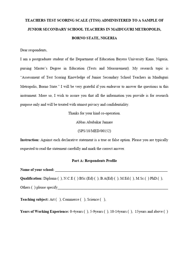 Teachers Test Scoring Scale | PDF