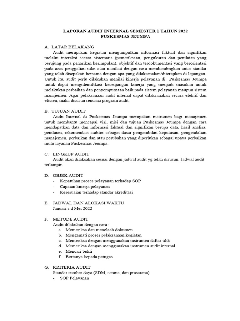 Laporan Audit Internal Semester 1 2022 | PDF