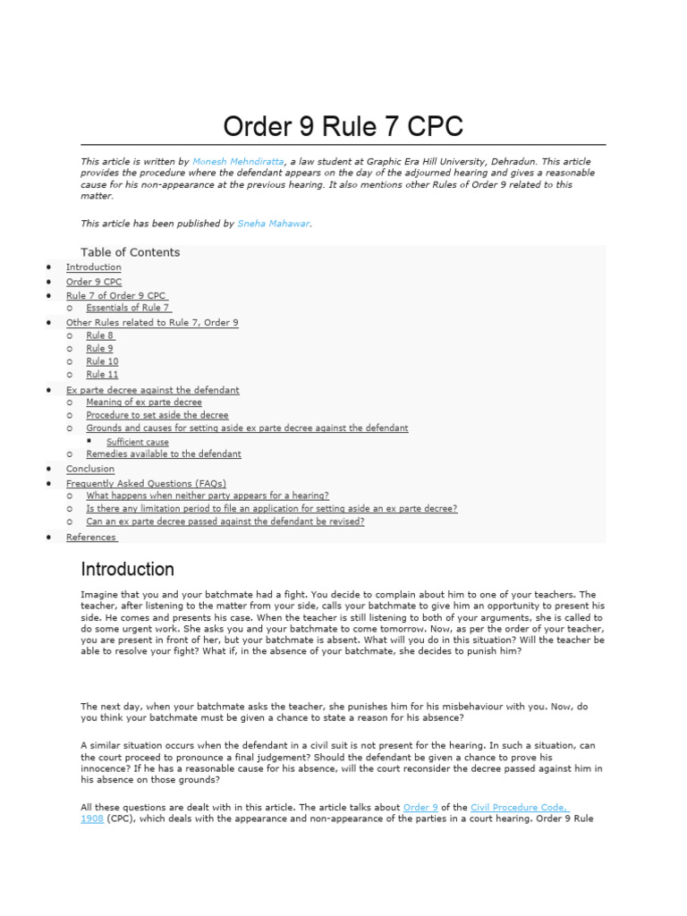 Order 9 Rule 7 Cpc Text Pdf Lawsuit Ex Parte