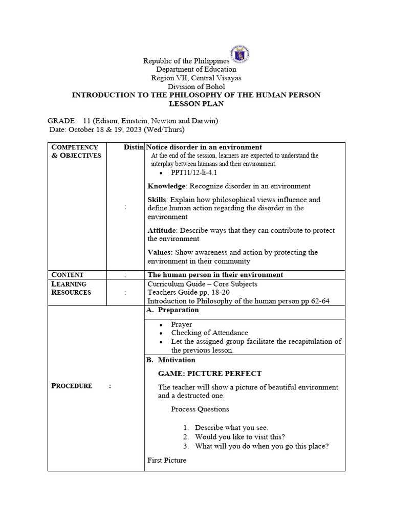 Human Person and Environment Lesson Plan | PDF | Environmental Ethics ...
