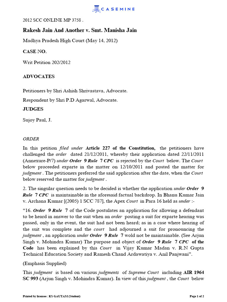 Manisha Jain Case: CPC Order 9 Rule 7 Ruling | PDF | Supreme Court Of India | Judgment (Law)