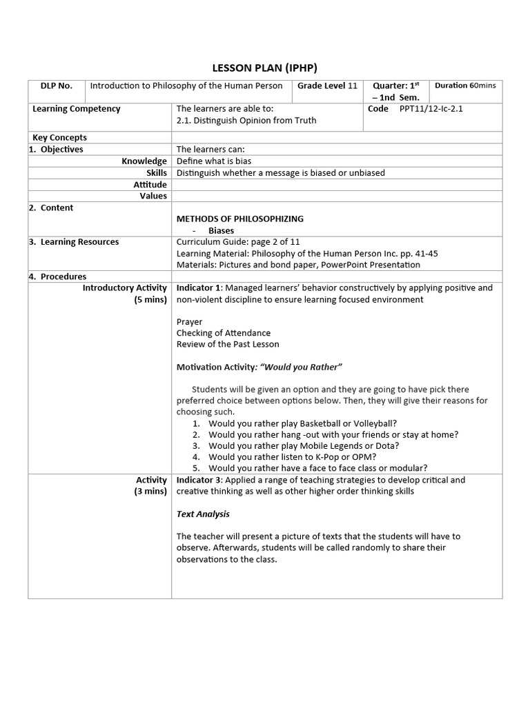 Lesson Plan - Bias Opinion | PDF