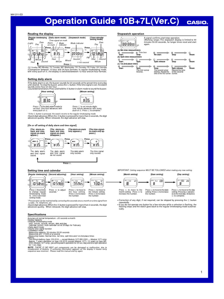 Operation Guide 10B+7L (Ver.C) : Reading The Display Stopwatch Operation | PDF