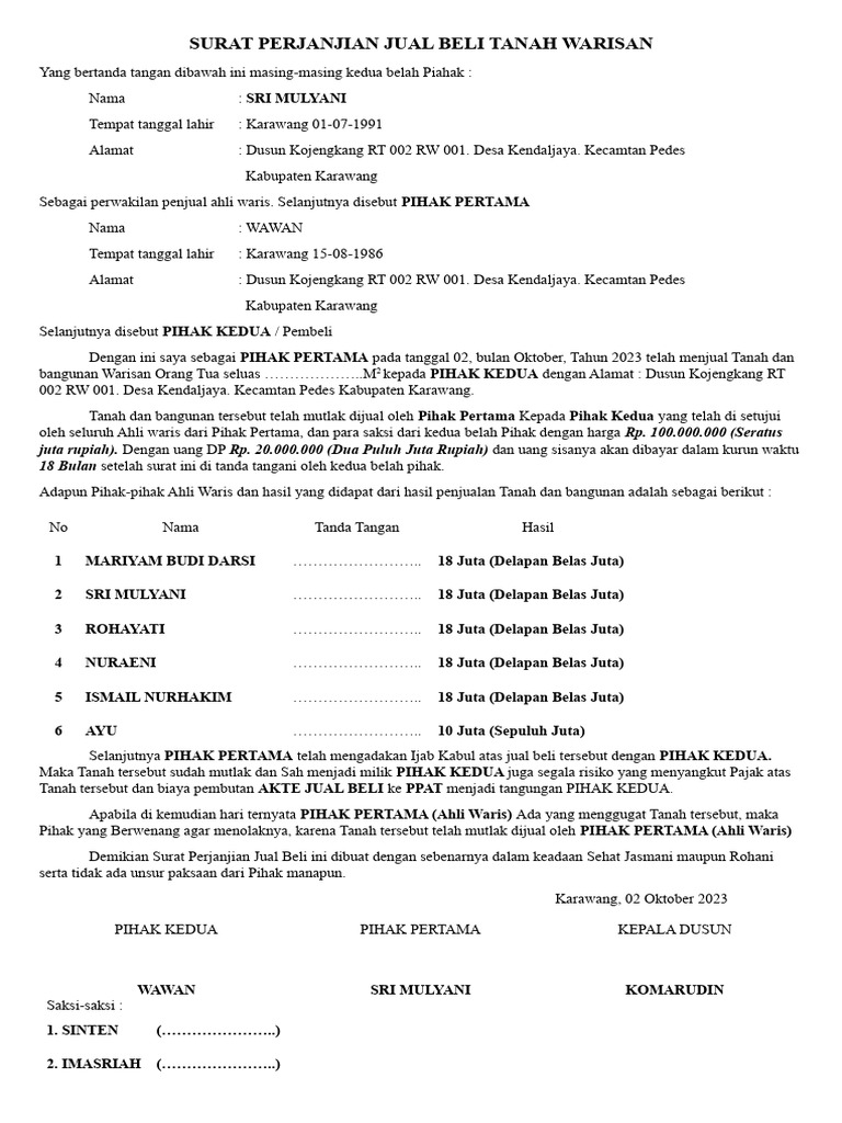 Surat Perjanjian Jual Beli Tanah Warisan (WKL Komar) | PDF