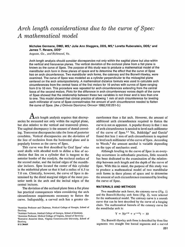 Arch Length and Curve of Spee Model | PDF