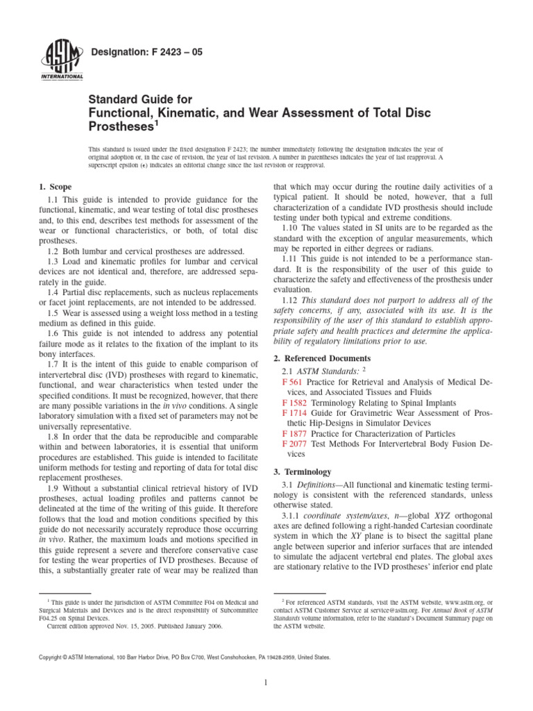 Functional, Kinematic, and Wear Assessment of Total Disc Prostheses | PDF