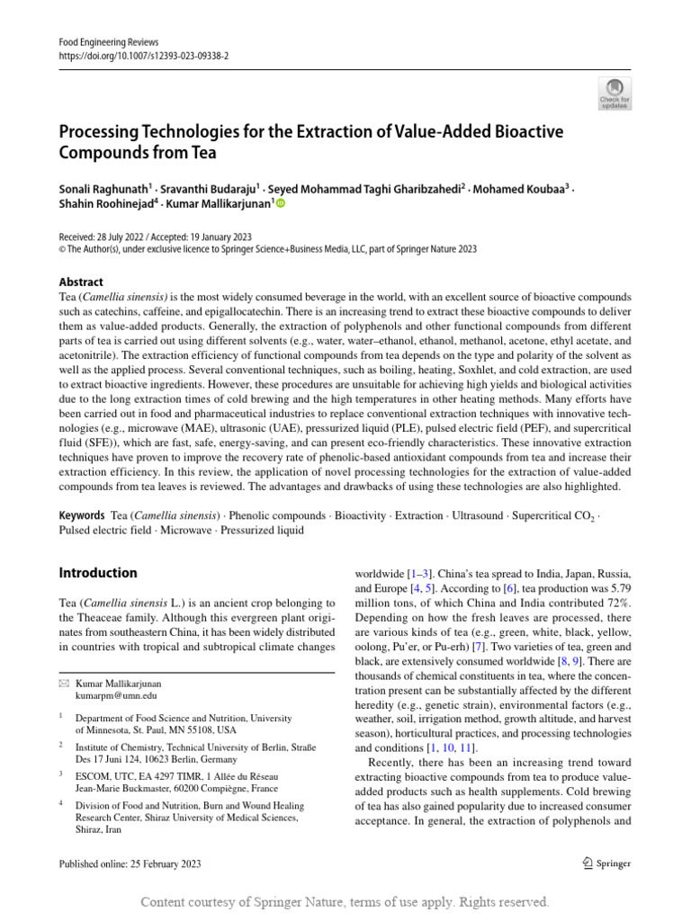 Processing Technologies For The Extraction of Value-Added Bioactive Compounds From Tea | PDF
