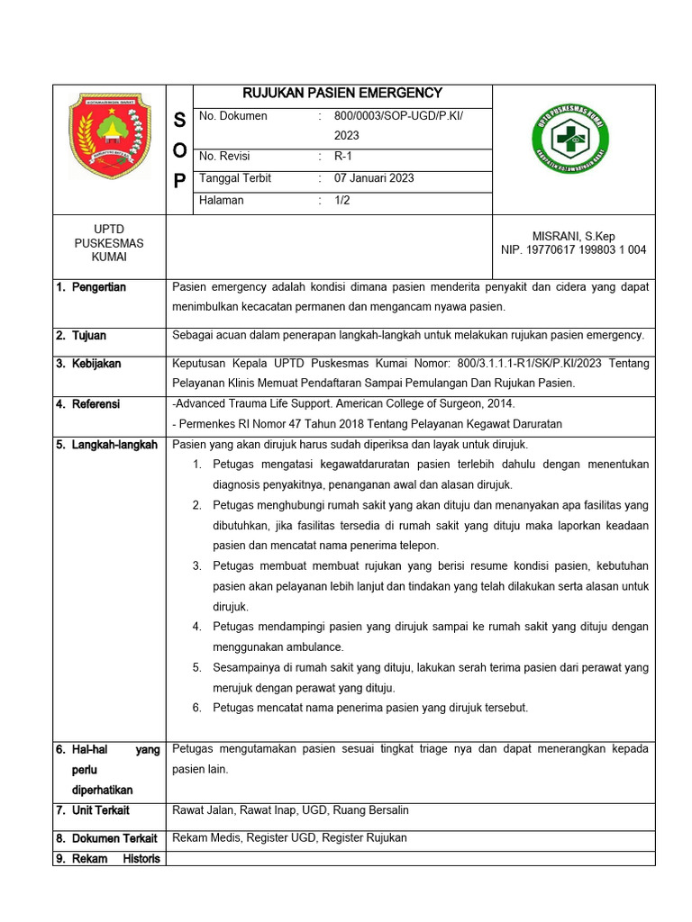 7.2.3.4 SPO rujukan pasien emergency (stabilisasi dan kesiapan tujuan ...