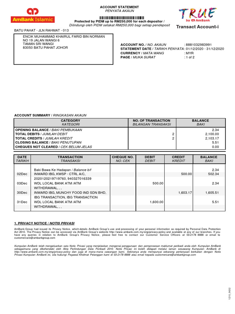 AmBank E-Statement Dec 2020 | PDF
