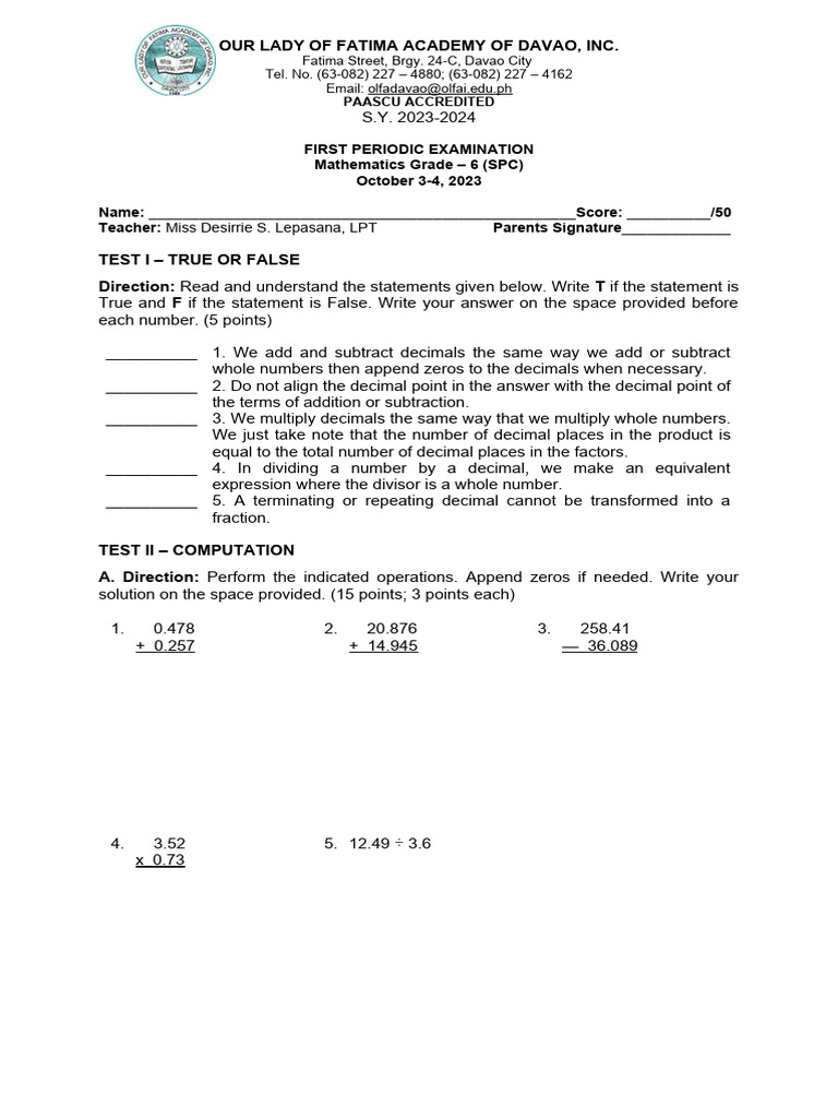 Grade 6 - SPC First Periodic Examination | PDF