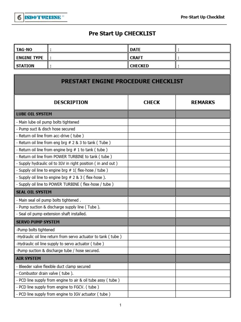 Pre Start Up CHECKLIST | PDF