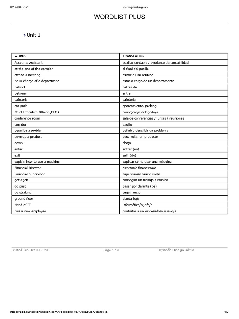 BurlingtonEnglish Vocabulary Unit 1 | PDF