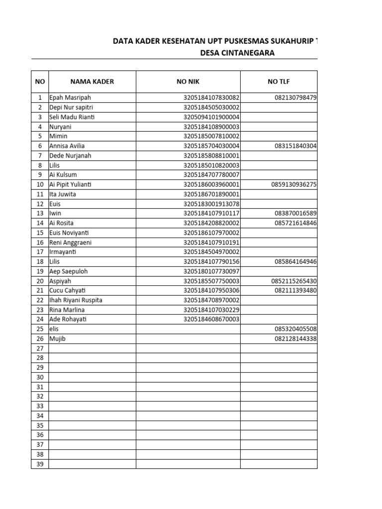 Exel Data Kader Cintanegara | PDF