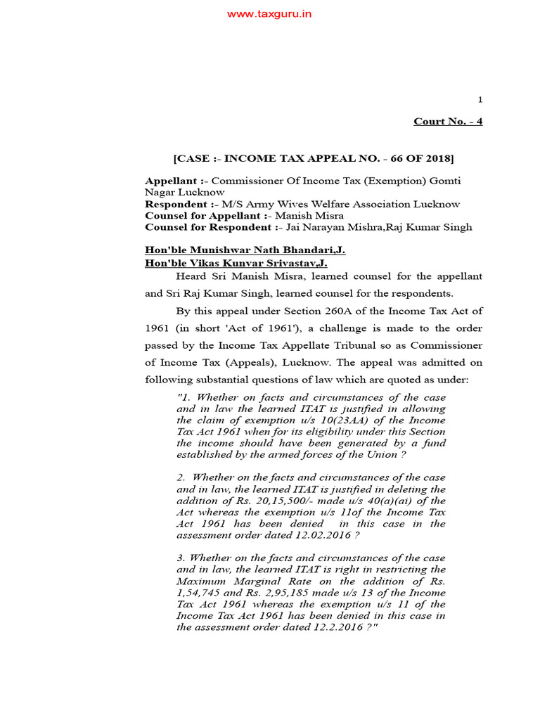 CIT Vs Army Wives Welfare Association Allahabad High Court | PDF | Tax ...