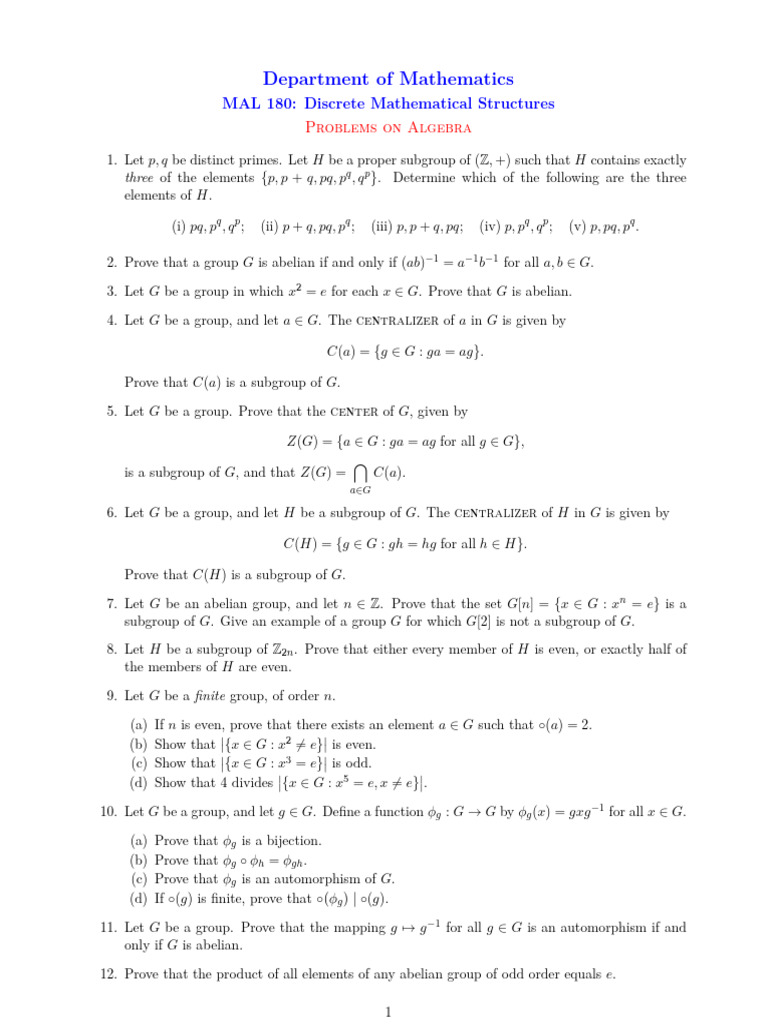 Discrete Math: Group Theory Problems | PDF | Group (Mathematics ...