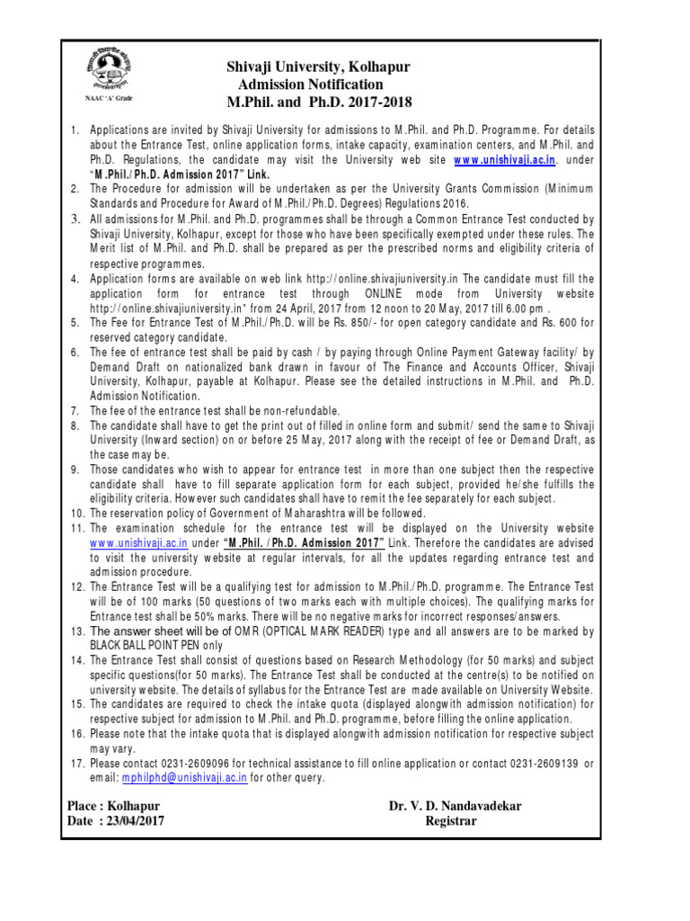 M.Phil. and PH.D Notification 2017-2018 | PDF | Doctor Of Philosophy | University And College ...