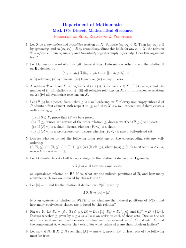 Discrete Math - Problems On Sets, Relations & Functions | PDF | Algebra ... Discrete Math - Problems On Sets, Relations & Functions | PDF | Algebra ...